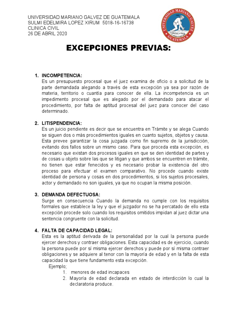 Excepciones Previas | PDF | Estatuto de limitaciones | Ley procesal