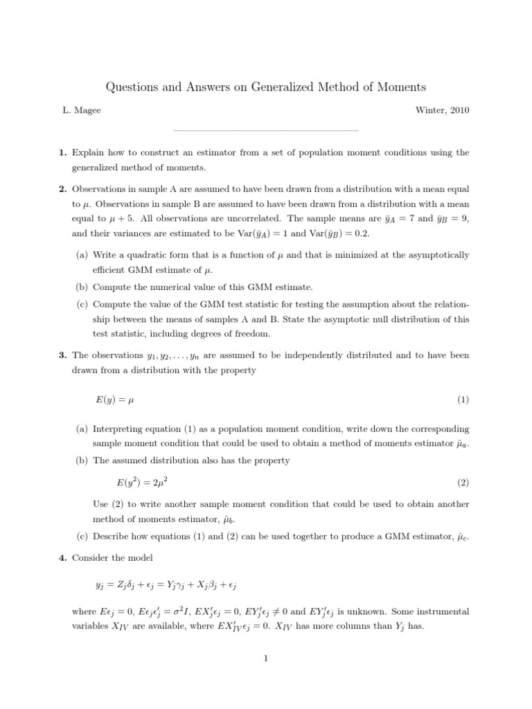 Questions and Answers On Generalized Method of Moments: A B A B | PDF ...