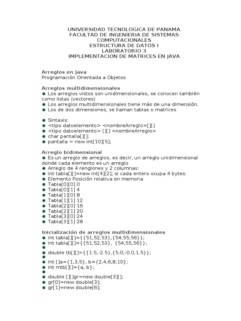 Matrices en JAVA | PDF | Estructura de datos de matriz | Gestión de ...