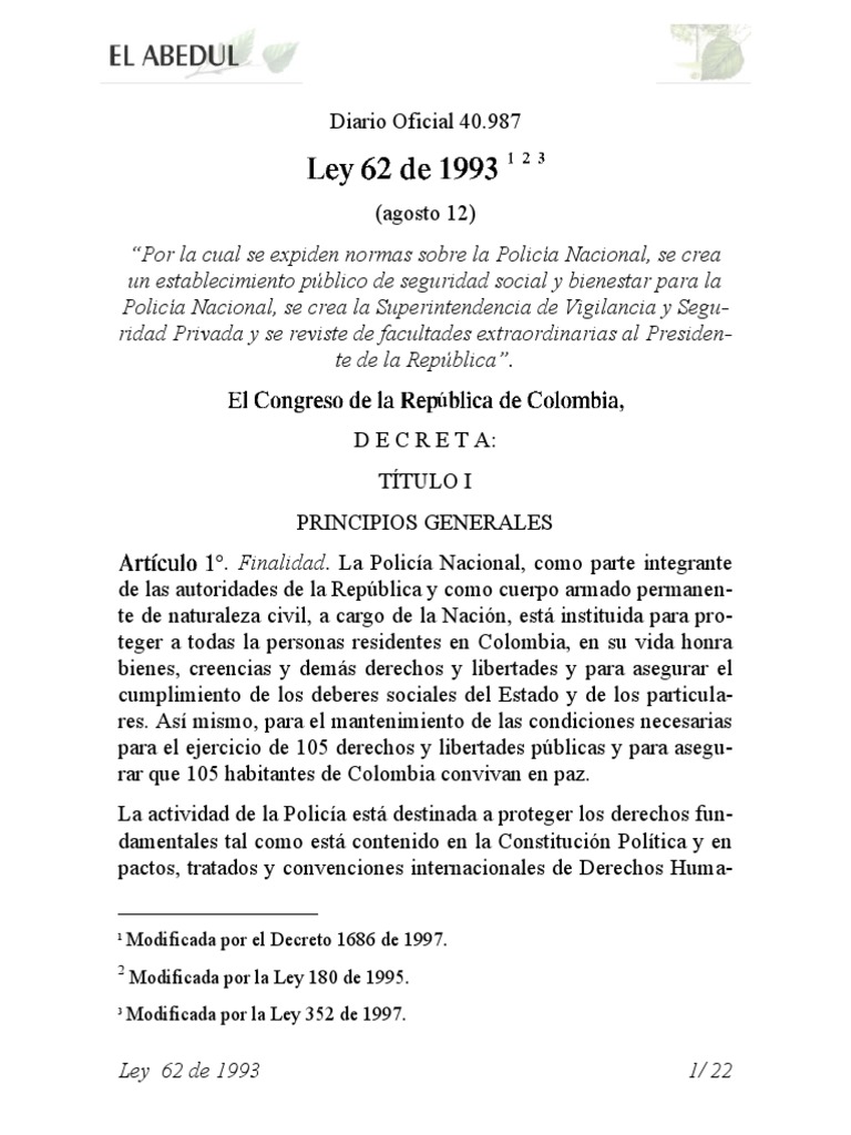 Ley 62 de 1993: Policía Nacional y Seguridad | PDF | Policía | Alcalde