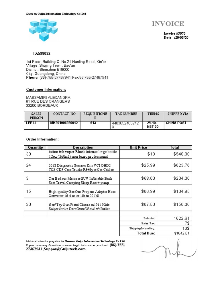 Invoice #3076 from Shenzen Guiju Tech | PDF | Manufactured Goods | Business
