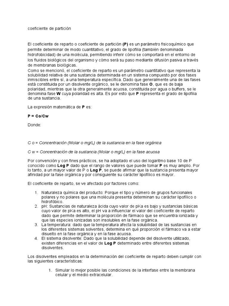 Coeficiente de Partición | PDF | Solvente | Constante de disociación ácida