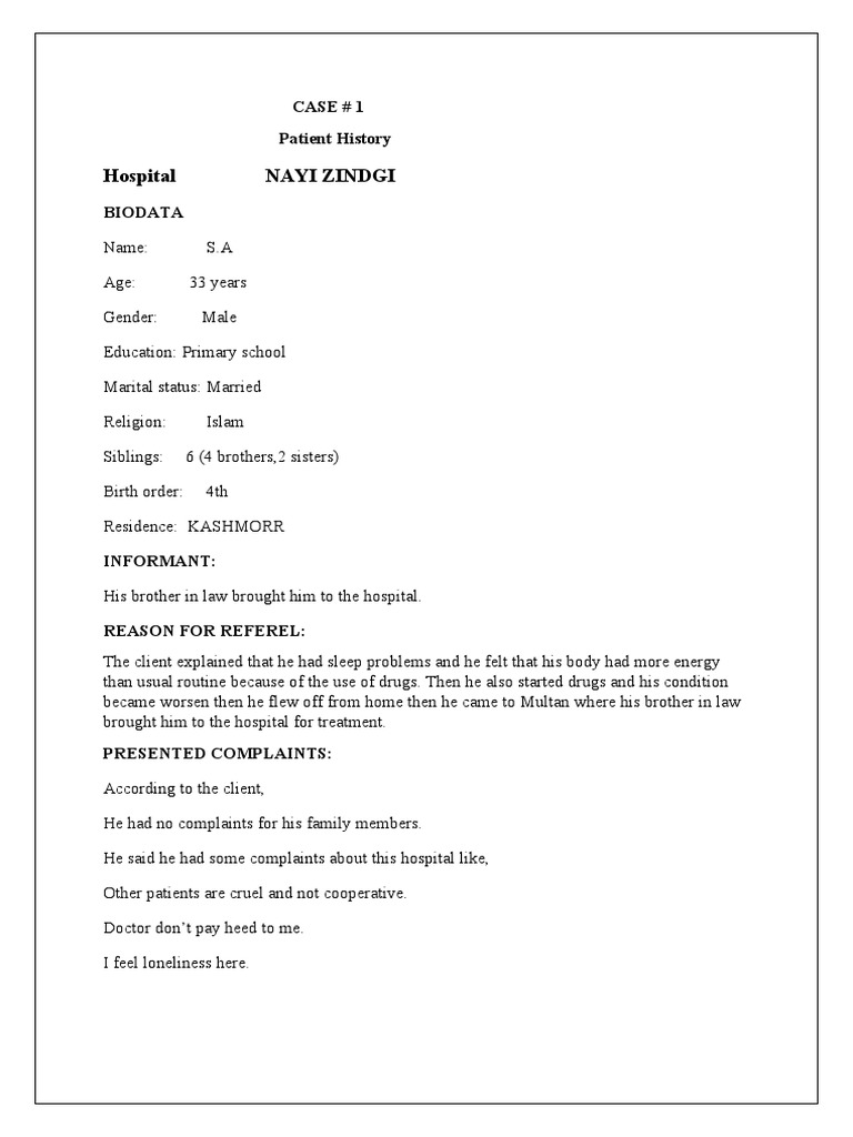 Hospital Nayi Zindgi: Case # 1 Patient History | PDF | Psychiatry ...