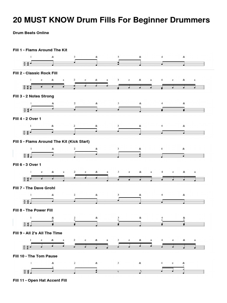 20 MUST KNOW Drum Fills For Beginner Drummers | PDF