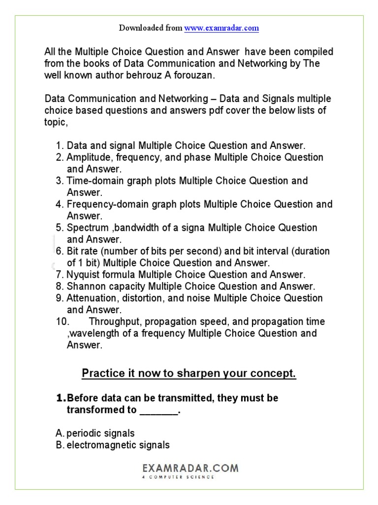 Ch 3 Data And Signals Multiple Choice Questions And Answers Mcq Pdf Data Communication And
