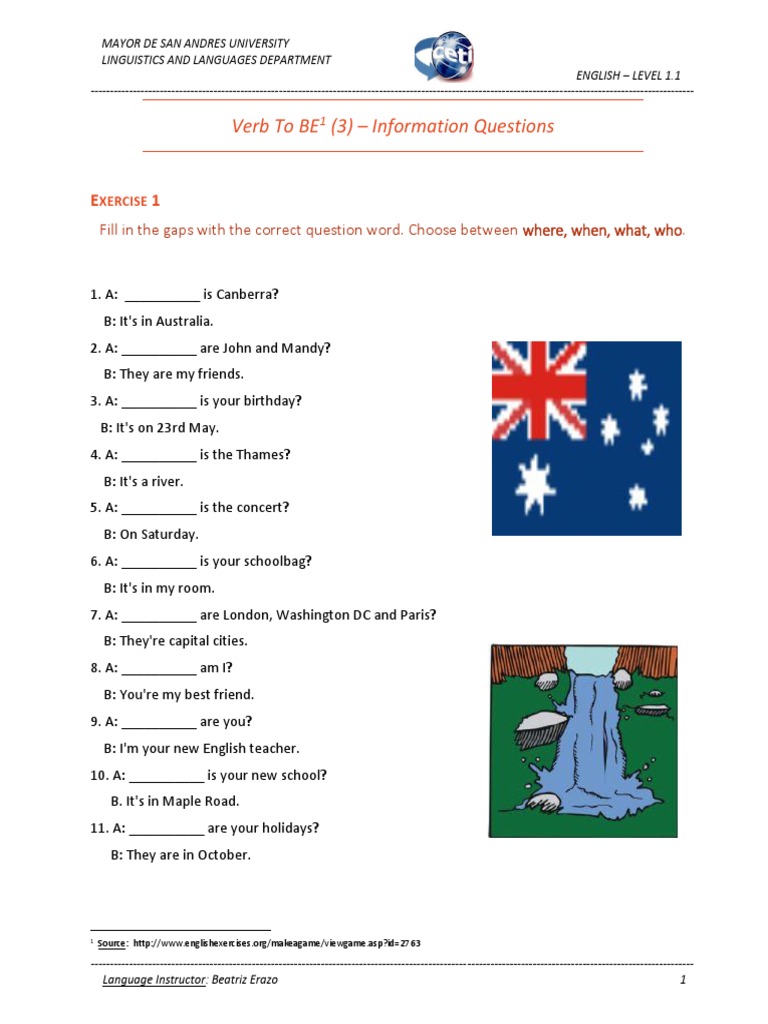 English Level 1.1: Verb "To Be" Exercises | PDF | Semiotics | Linguistics