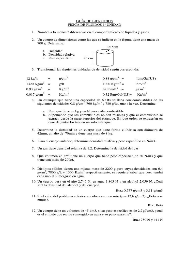 GUIA DE EJERCICIOS1 Unidad | PDF | Densidad | Masa