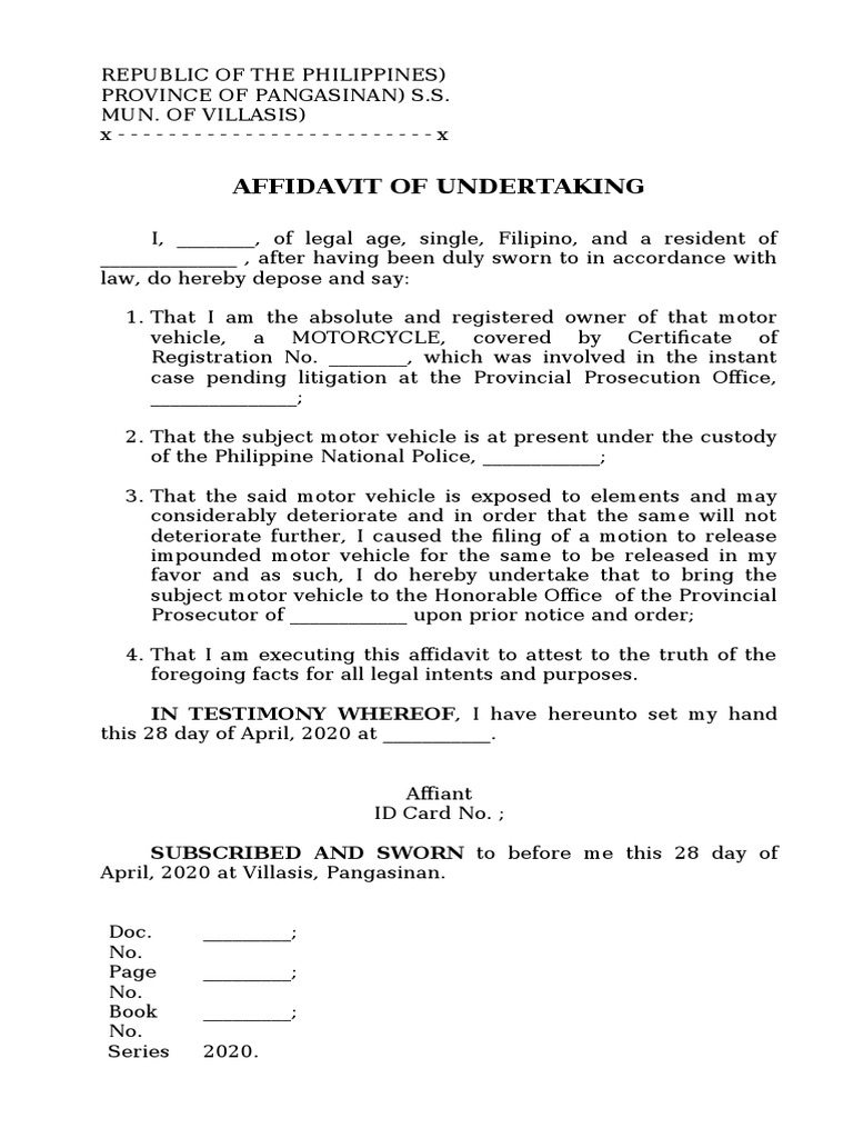 Affidavit of Undertaking: IN TESTIMONY WHEREOF, I Have Hereunto Set My ...