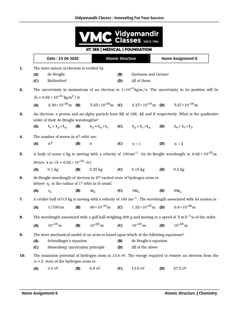Atomic Structure Home Assignment - 6 | PDF | Atoms | Electronvolt