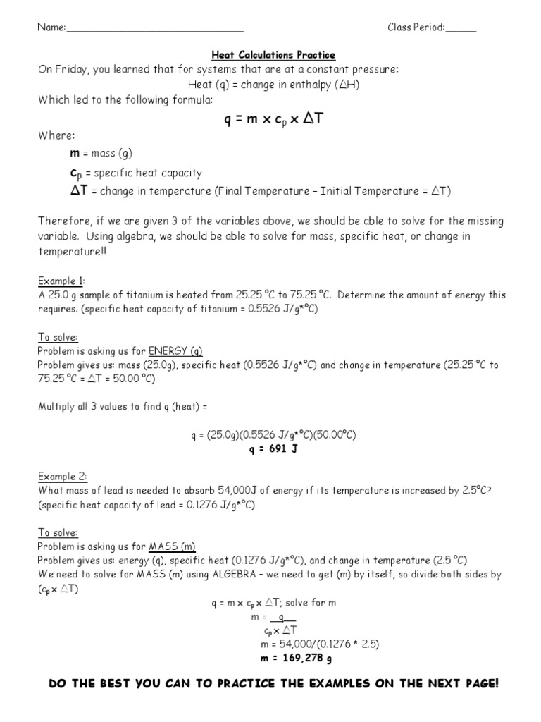 Heat Calculations Practice Guide | PDF | Heat Capacity | Heat