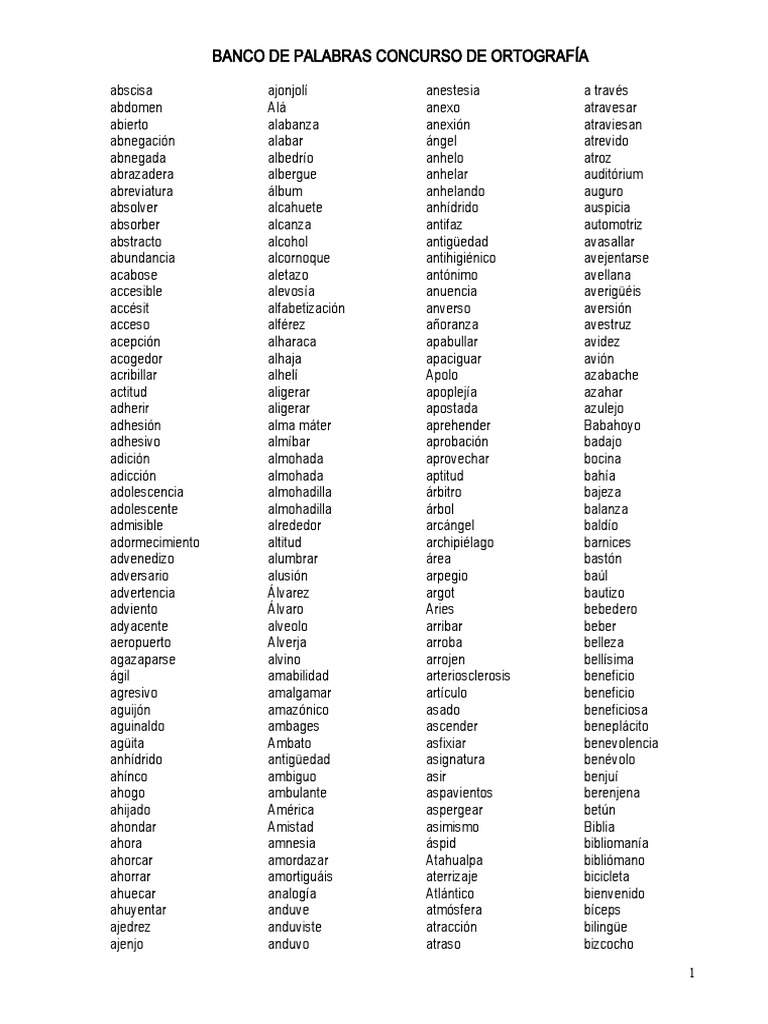 Banco de Palabras Concurso de Ortografía | PDF
