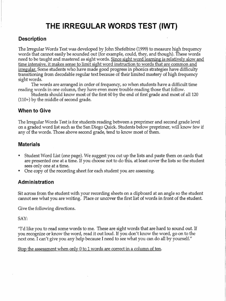 Irregular Words Test | PDF