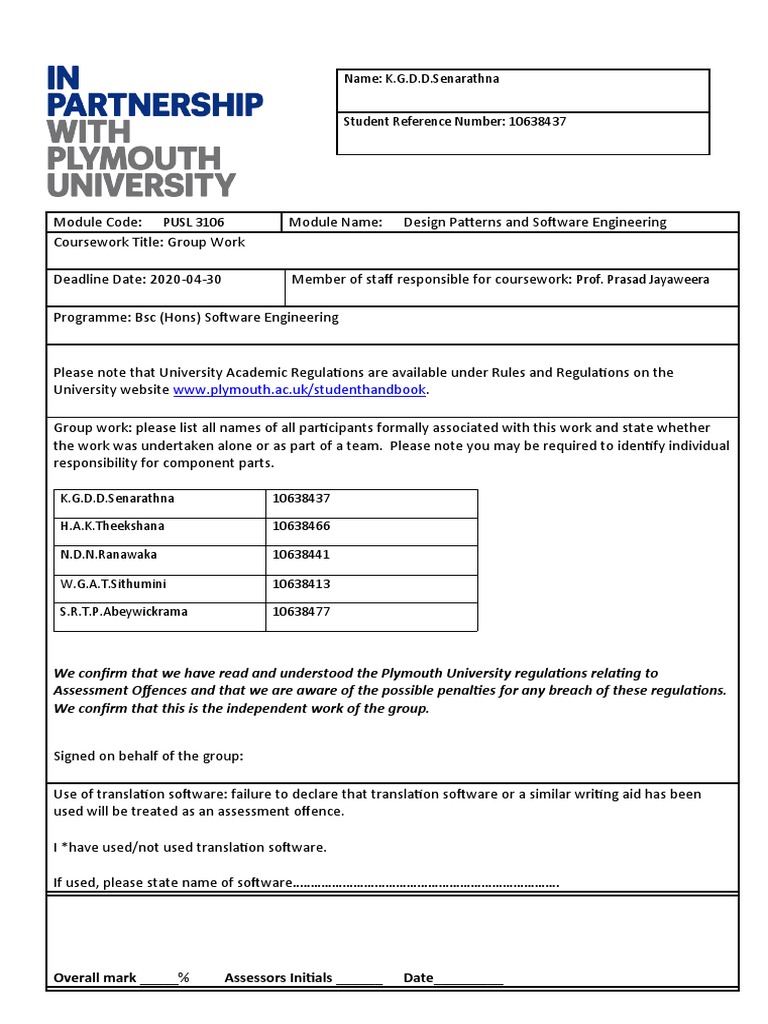 Coursework Front Cover Sheet | PDF