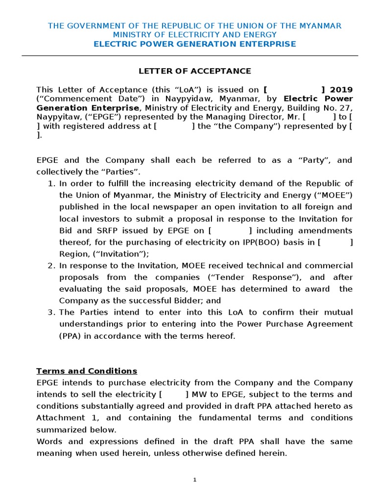 Draft LoA (Ahlone) | PDF | Kilowatt Hour | Power (Physics)