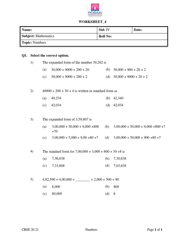 Grade 4 CBSE Math: Numbers Worksheet | PDF | Teaching Methods & Materials