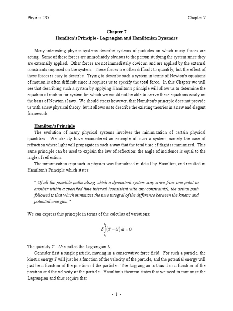 Hamiltons Principle 1 PDF | PDF | Lagrangian Mechanics | Hamiltonian ...