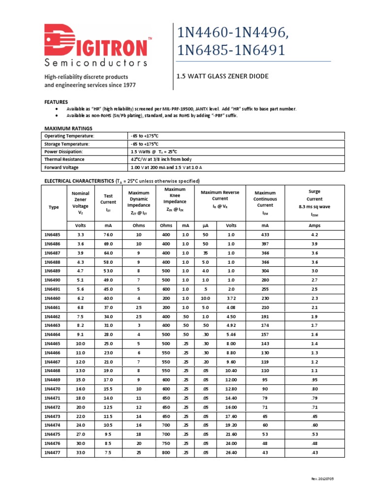 Data Sheet Dioda Zene 1N4461 | PDF | Volt | Diode