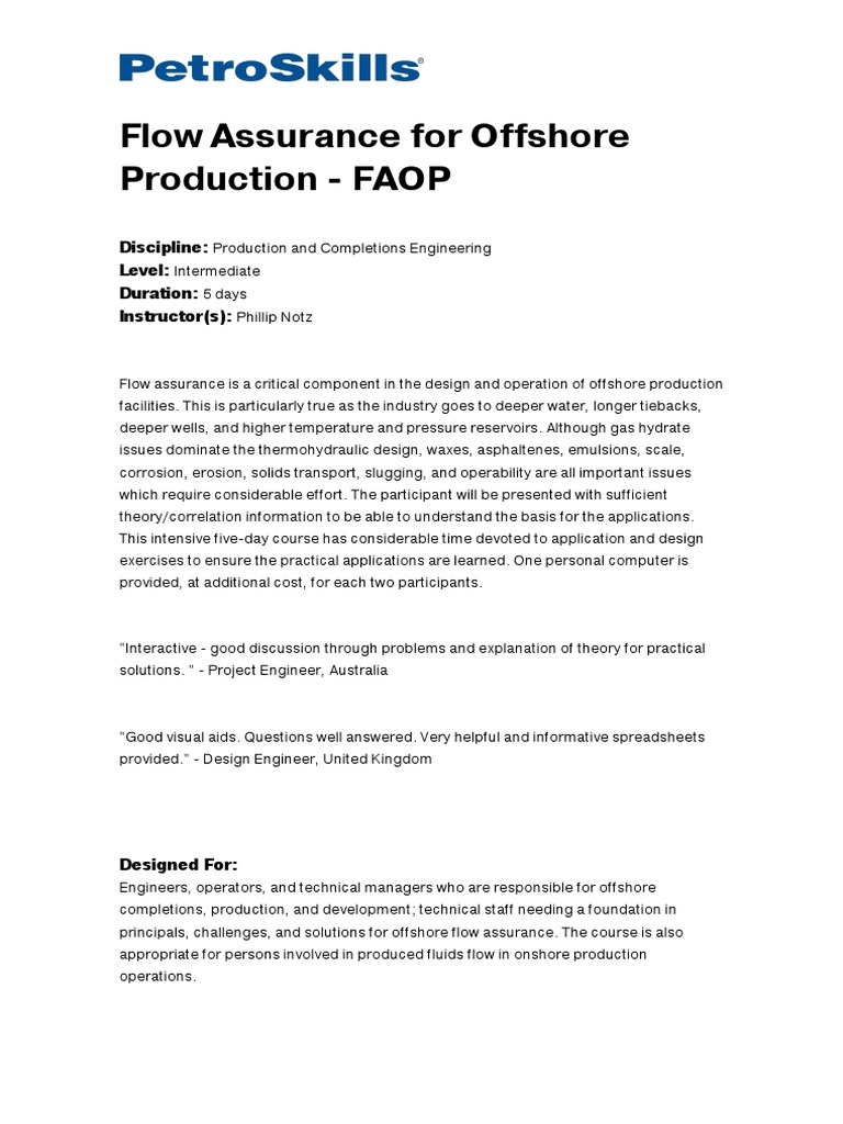 Flow Assurance For Offshore Production - FAOP: Discipline: Level ...