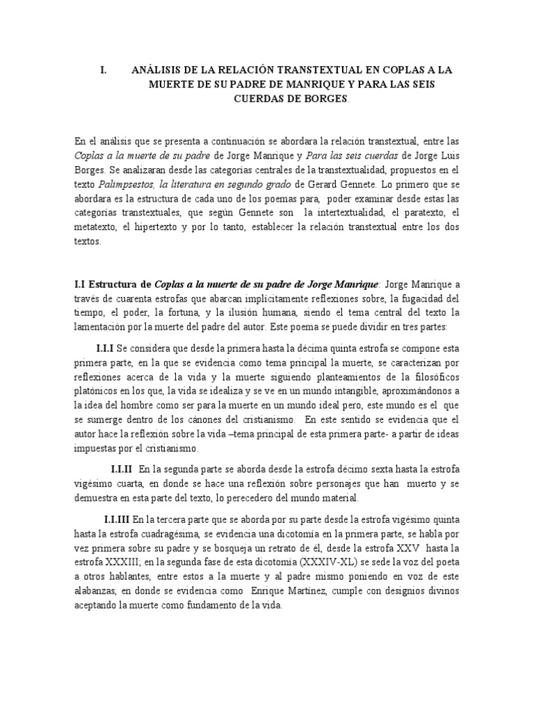Análisis de La Relación Transtextual en Coplas A La Muerte de Su Padre de Manrique y para Las ...