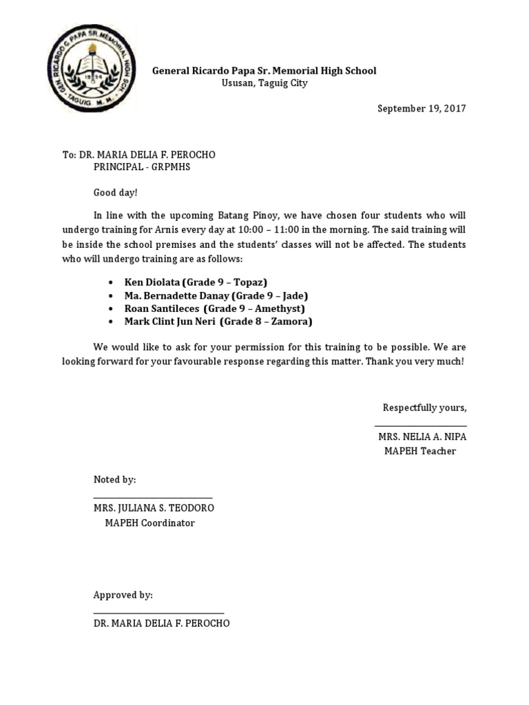 Arnis Training-Permit Letter | PDF