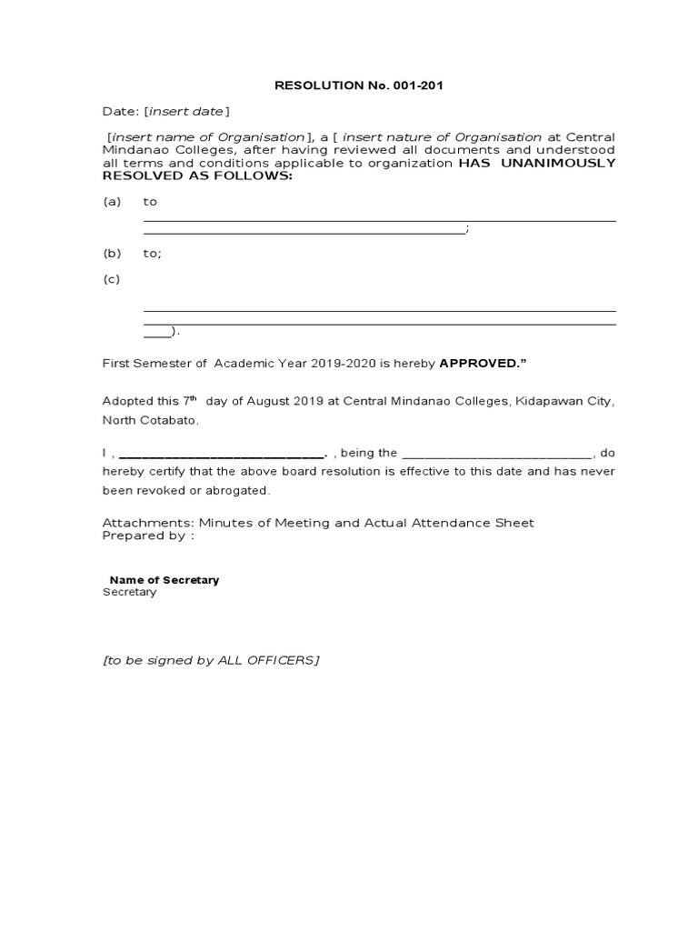 RESOLUTION No. 001-201: (To Be Signed by ALL OFFICERS) | PDF | Business