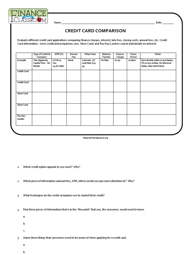 Credit Card Comparison Worksheet Guide | PDF