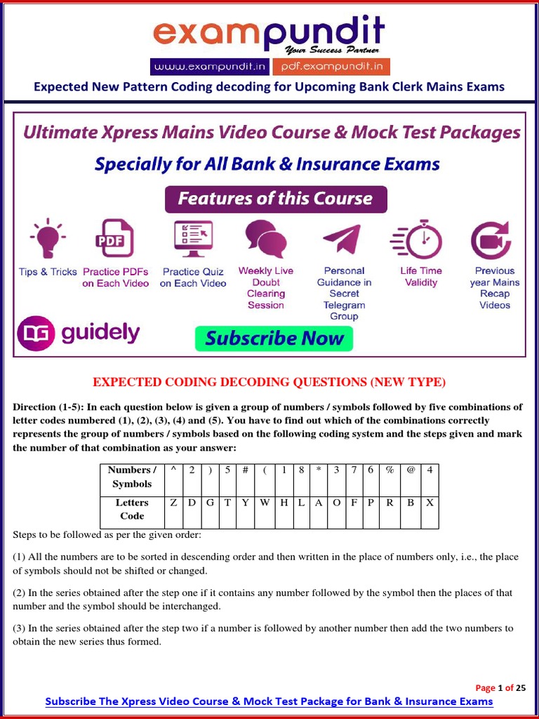 New Pattern Coding Decoding Questions For Sbi Clerk Mains Exam PDF | PDF