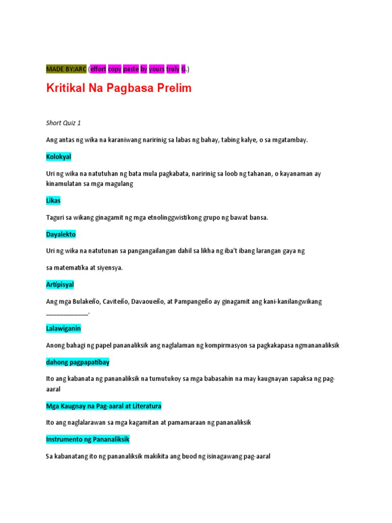 Kritikal Na Pagbasa Prelim Answers | PDF