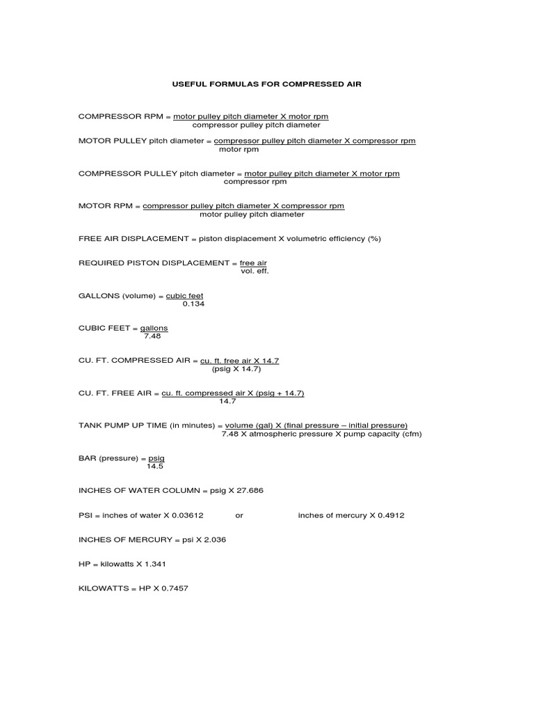 Compressed Air Calculation Formulas | PDF