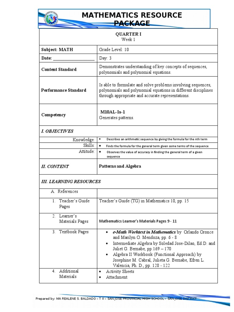 Mathematics Resource Package: Quarter I Subject: MATH Date: - Day: 3 ...