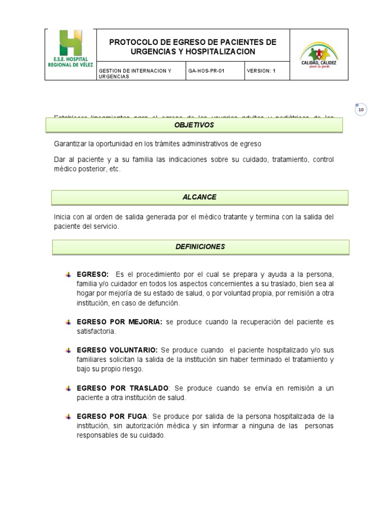GA-HOS-PR-01 Protocolo de Egreso de Pacientes | PDF | Historial médico ...