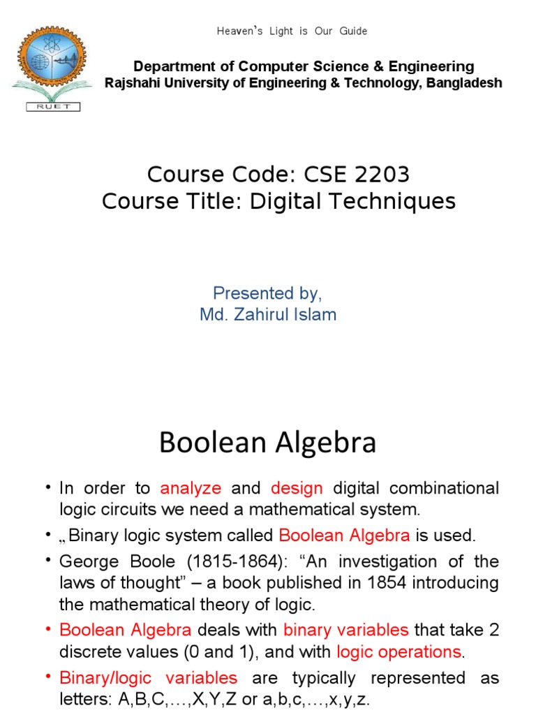 Lecture On Boolean Algebra | PDF | Logic Gate | Boolean Algebra