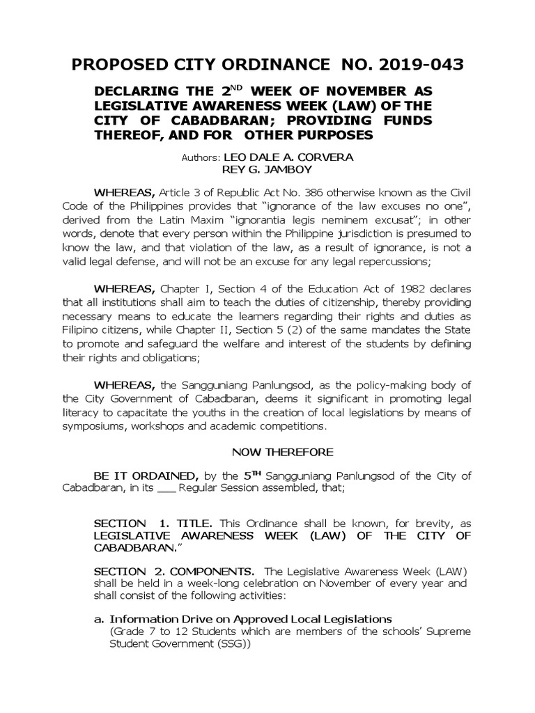 Proposed City Ordinance No. 2019-043 Law Awareness Week | PDF ...