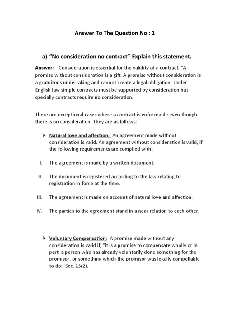 Answer To The Question No: 1 | PDF | Consideration | Offer And Acceptance