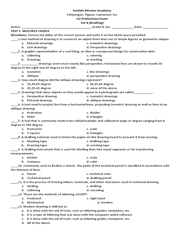 Drafting Exam for High School Students | PDF | Drawing | Technical Drawing