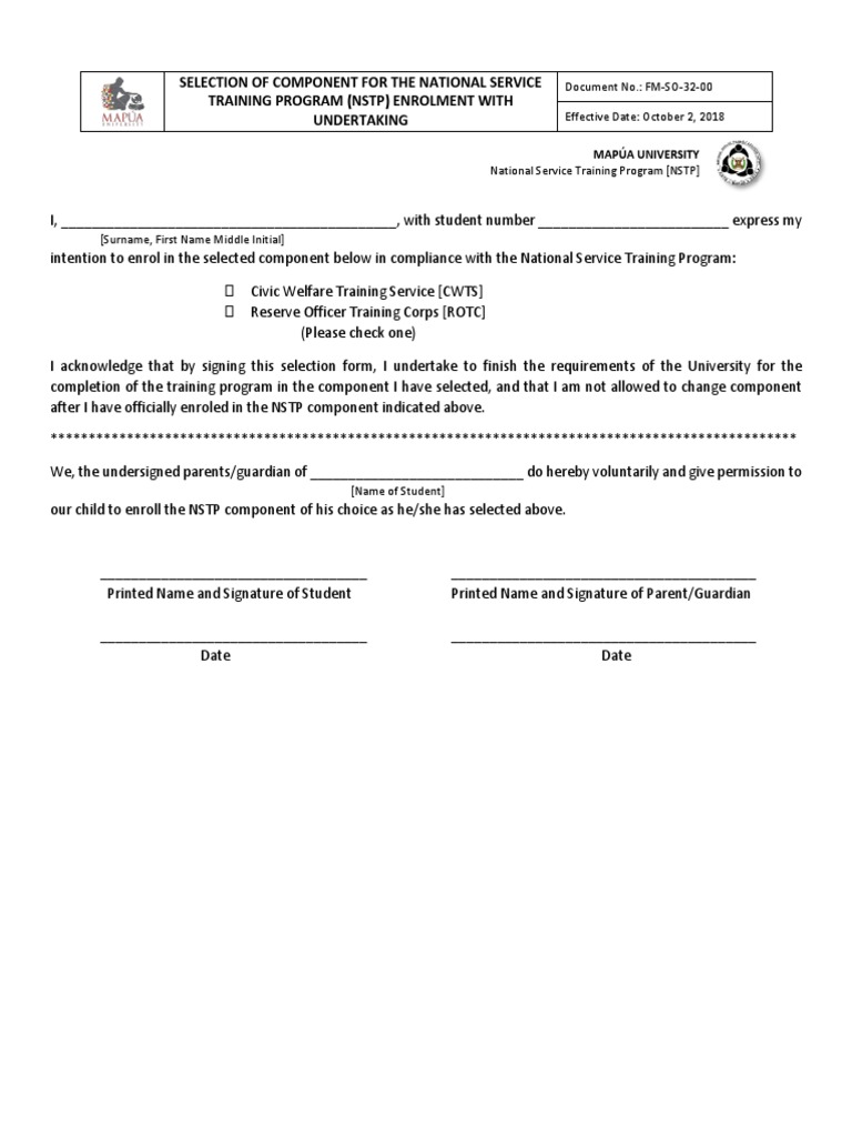 NSTP Enrollment Component Selection Form | PDF