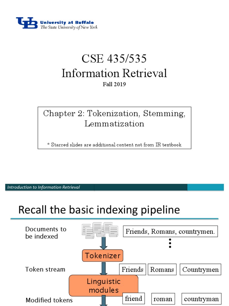 CSE 435/535 Information Retrieval: Chapter 2: Tokenization, Stemming, Lemmatization | PDF ...