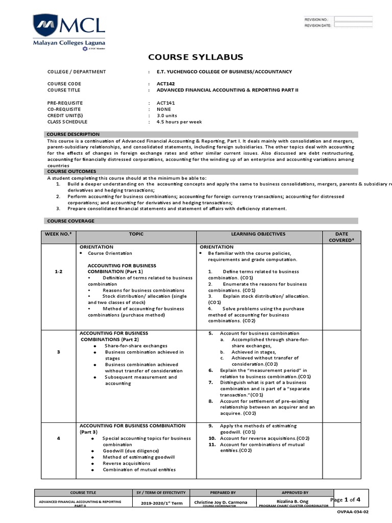 Advanced Financial Accounting II Syllabus | PDF | Mergers And ...