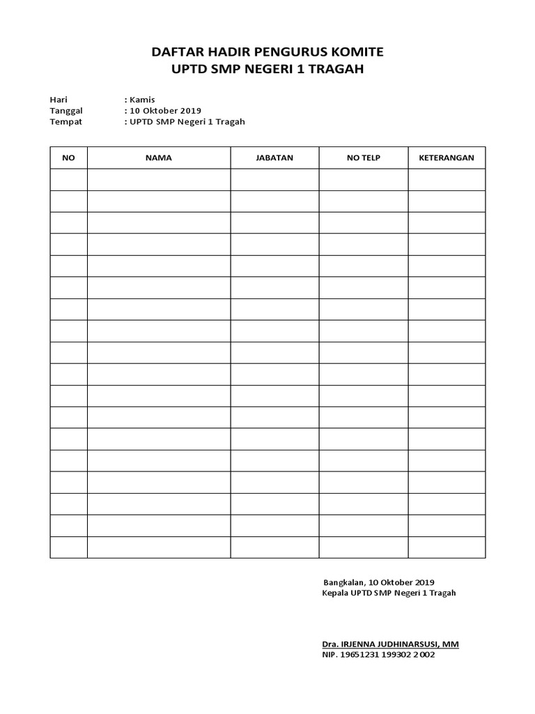 Daftar Hadir Rapat Komite SMP | PDF