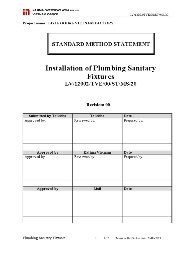 Installation of Plumbing Sanitary Fixtures: Standard Method Statement | PDF | Plumbing ...
