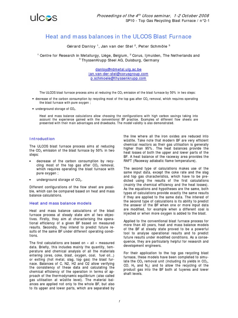 Heat - Mass Balance at ULCOS PDF | PDF | Blast Furnace | Carbon Dioxide
