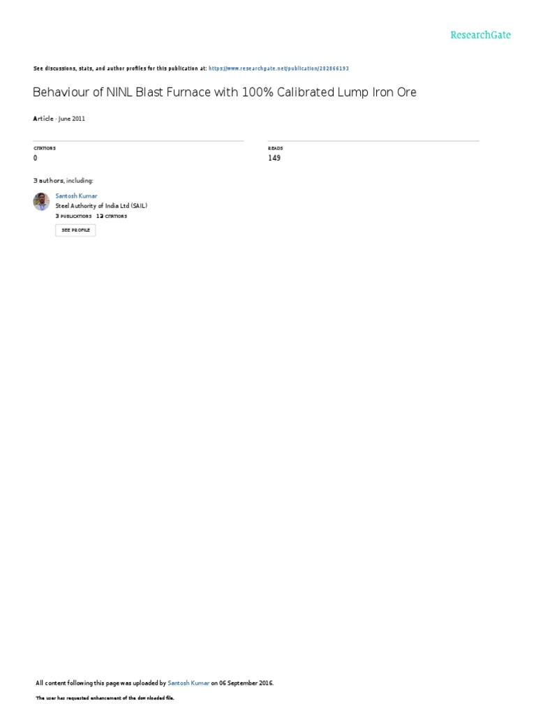 Behaviour of NINL Blast Furnace With 100% Calibrated Lump Iron Ore ...