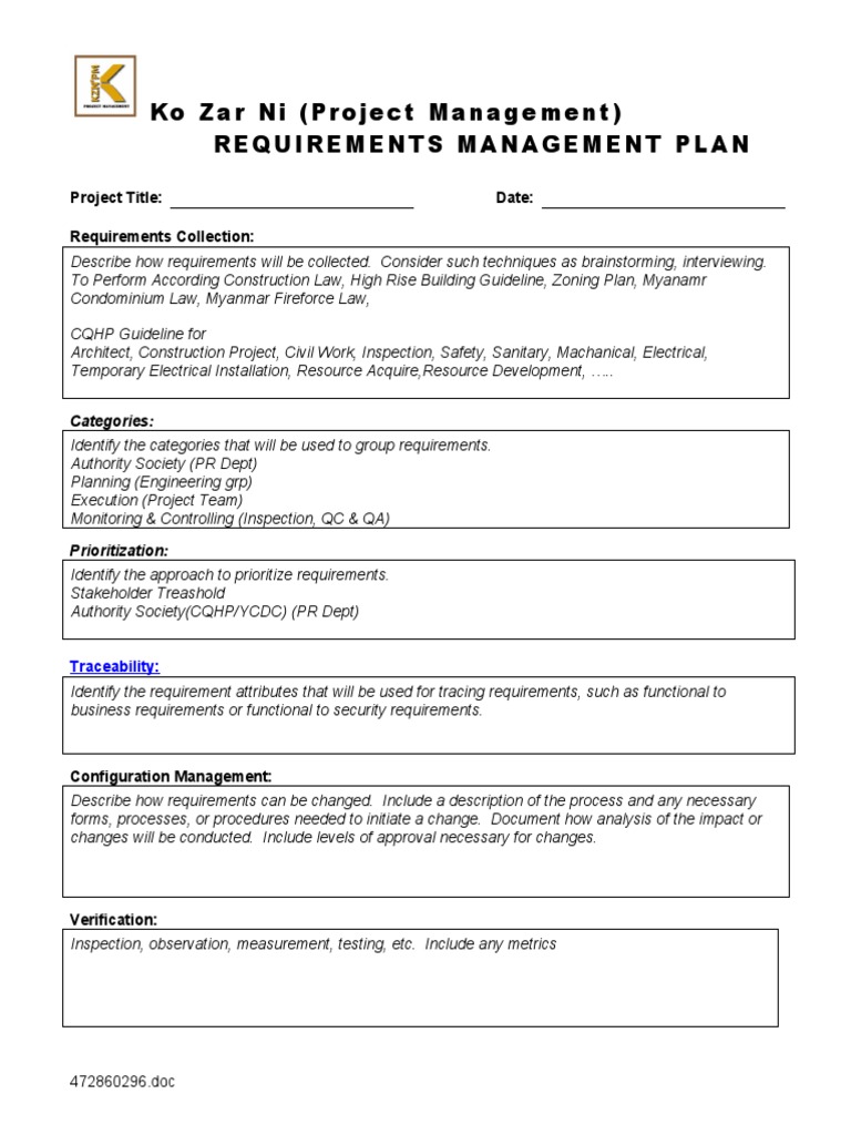 Ko Zar Ni (Project Management) Requirements Management Plan | PDF
