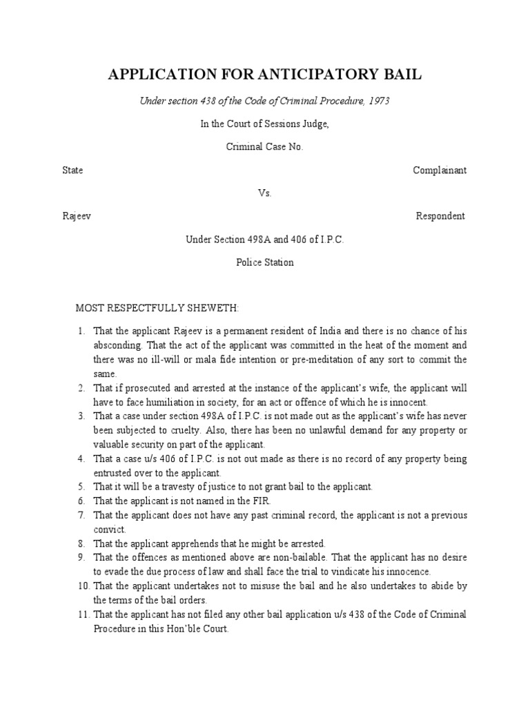 Application For Anticipatory Bail: Under Section 438 of The Code of Criminal Procedure, 1973 ...