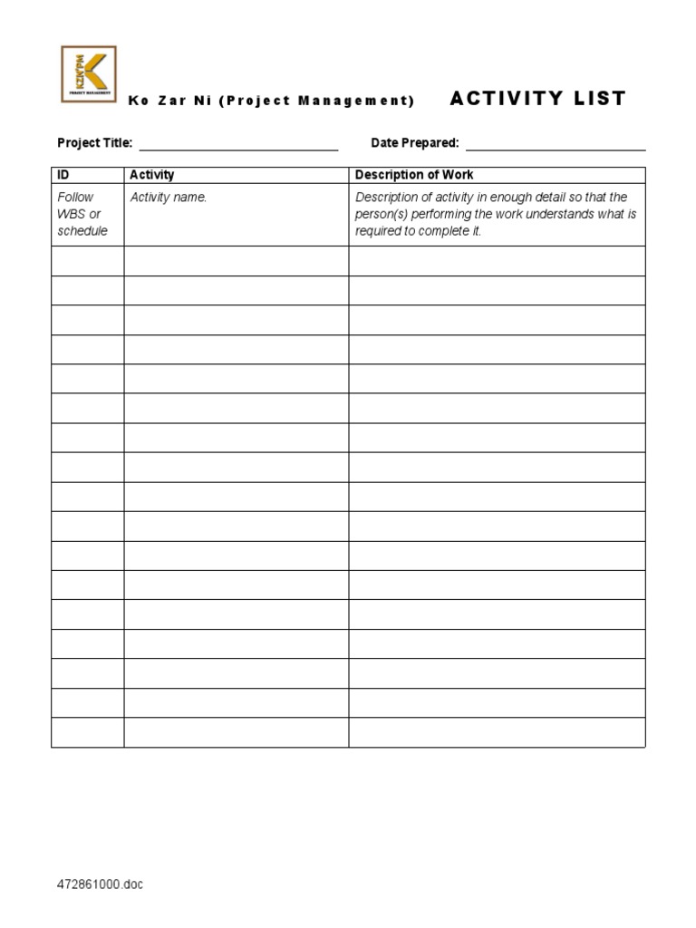 Activity List: Project Title: Date Prepared: ID Activity Description of ...