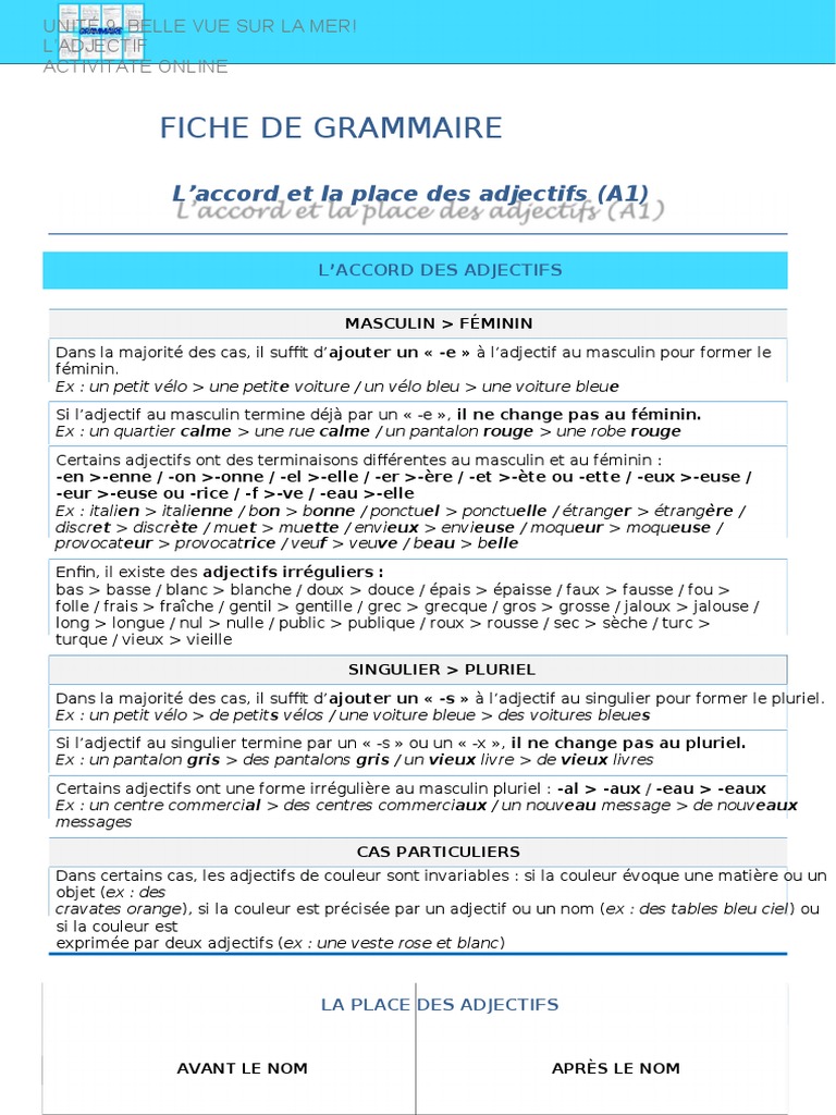 Accord et place des adjectifs en français | PDF | Genre grammatical ...