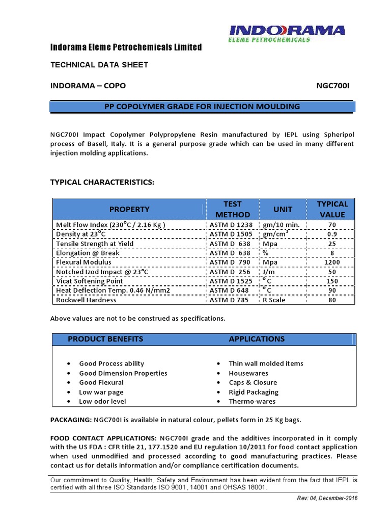 Indorama - Copo NGC700I PP Copolymer Grade For Injection Moulding | PDF ...