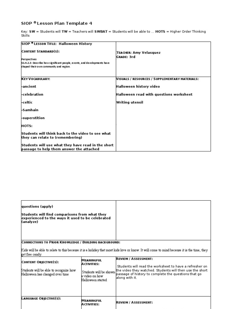 Siop Lesson Plan Template 4 | PDF | Semiotics | Cognition