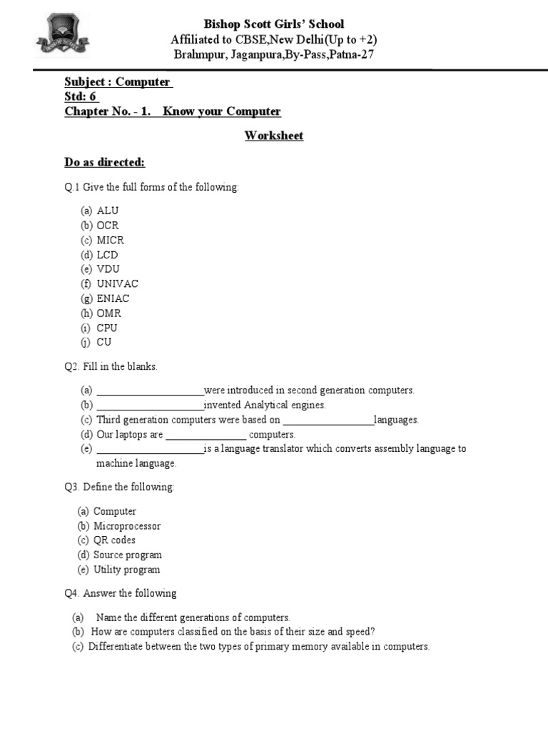 Worksheet STD 6 Computer | PDF