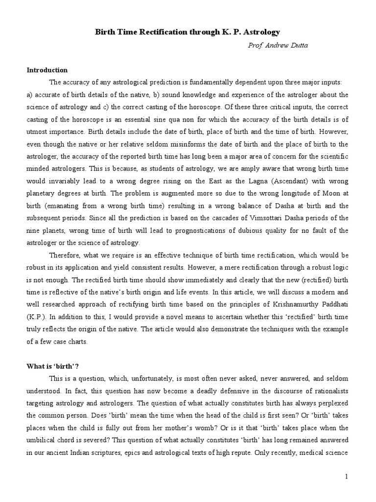 Birth Time Rectification Through K. P. Astrology: Prof. Andrew Dutta | PDF | Horoscope | Astrology